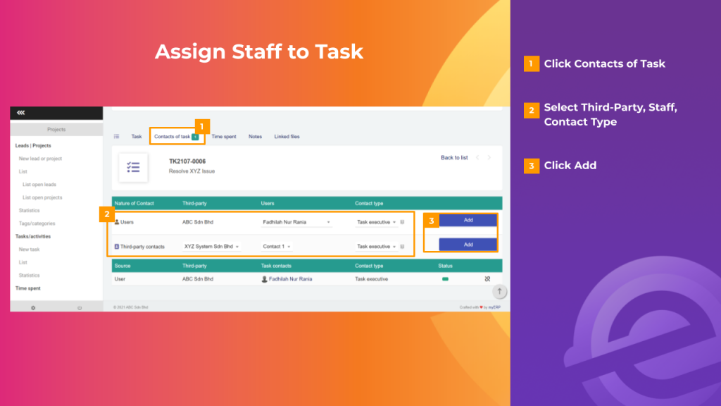 How to Assign Lead/Project and Task to Staff – MYERP Knowledge Base